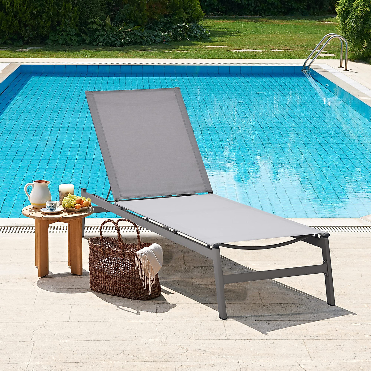 HAPPATIO Patio Chaise Lounge,Patio Lounge Chair with Breathable Textilene Fabric,All Weather Outdoor Chaise Lounge,Outdoor Lounge Chairs for Patio Backyard Porch Garden Poolside(Light Gray)