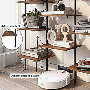 Tohomeor Triple Wide Bookshelf Wall Mounted 5-Tiers Ladder Book Shelf Industrial Wooden and Metal Bookshelf Open Display Storage Rack for Living Room Bedroom Home Office (Rustic Brown, Large)