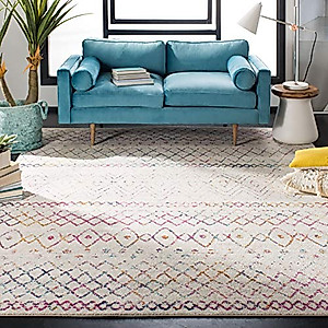 SAFAVIEH Madison Collection 6'7" Square Ivory / Fuchsia MAD798A Moroccan Boho Distressed Non-Shedding Living Room Bedroom Dining Home Office Area Rug