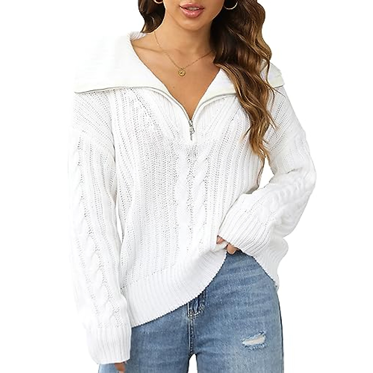 Blooming Jelly Women's Sweater Long Sleeve Quarter Zip Pullover Casual Loose Fit Cable Knit Tops（M,White）