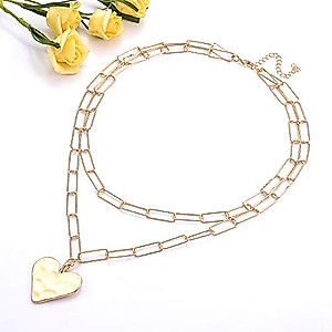 YAHPERN Layered Rectangle Paper Clip Chain Link Choker Statement Hammered Heart Pendant Necklace Minimalist Chunky Thick Chain Jewelry For Woman (gold)