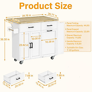 Osfvolr Rolling Kitchen Island with Trash Storage Cabinet, 2 Drawers, Kitchen Island with Drop Leaf, Kitchen Storage Islands Carts W/ 3 Spice Rack, Tilt Out Trash Cabinet, Island Table for Kitchen