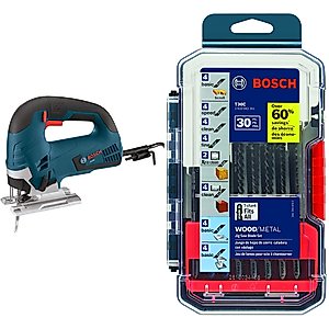 BOSCH 120-Volt Top-Handle Jigsaw Kit JS365 Blue, 6.5 Amp&BOSCH T30C T-Shank Multi-Purpose Jigsaw Blades, 30 Piece, Assorted, Jig Saw Blade Set for Cutting Wood and Metal
