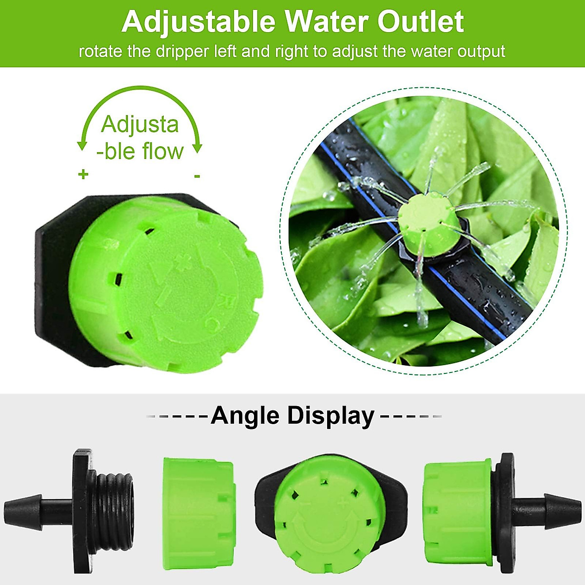 Kalolary 200Pcs Adjustable Irrigation Drippers, 1/4 Inch Barbed Drip Emitter 360 Degree Watering Sprinklers Anti-Clogging Drippers for 4mm/7mm Garden Watering System（Green）