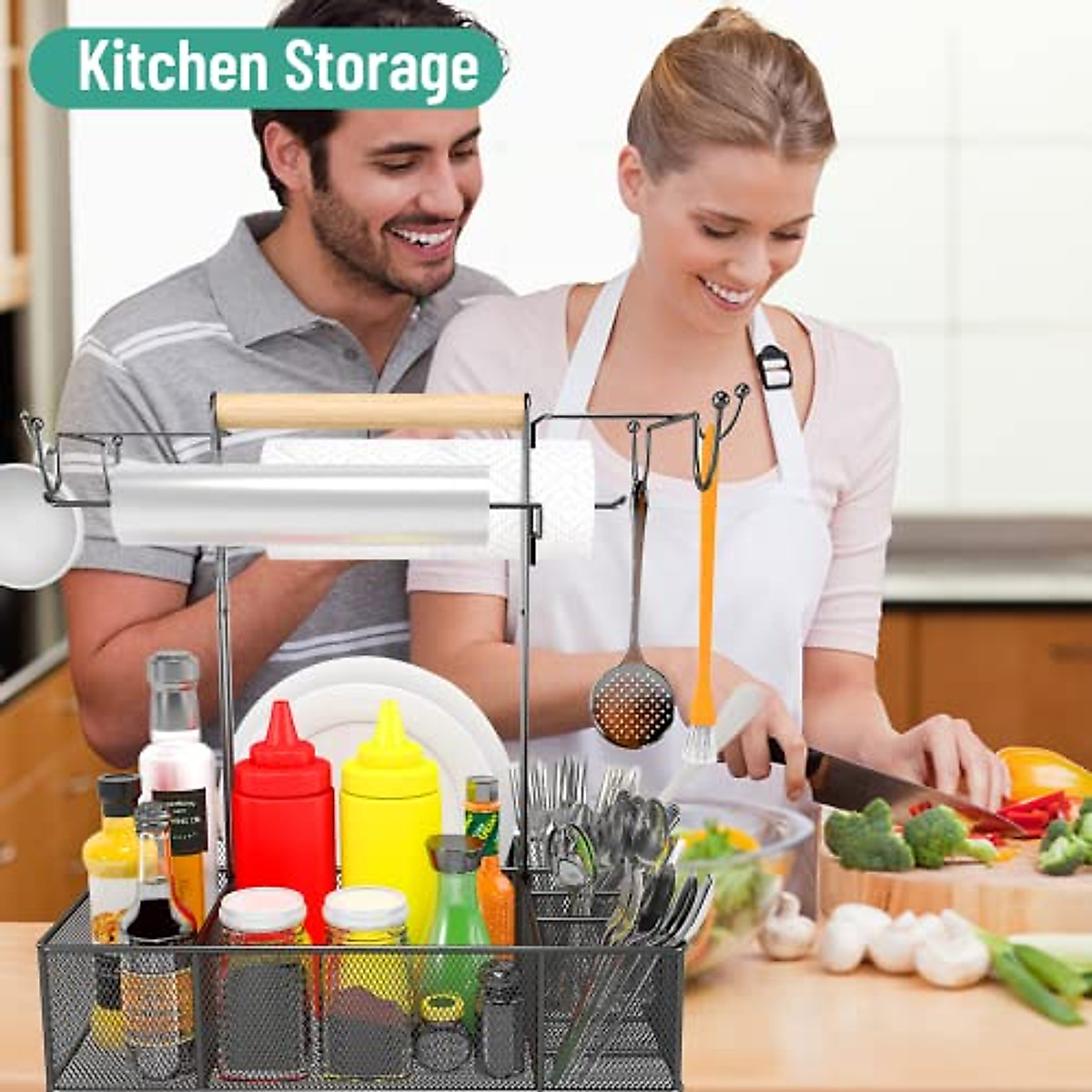 Grill Caddy for Camping Accessories, Picnic Condiment Caddy, BBQ Caddy Mesh Basket with 2 Paper Towel Holders & 6 Hanging Hooks, Kitchen Storage Organizer for Camping, Picnic, Buffet, Grill, Part