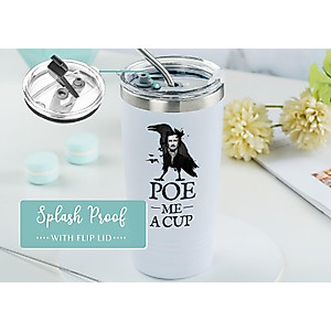 Onebttl Edgar Allan Poe Gifts for Men, Women for Christmas, Birthday, 20 oz Stainless Steel Insulated Tumbler Travel Coffee Mug - POE ME A CUP (White)