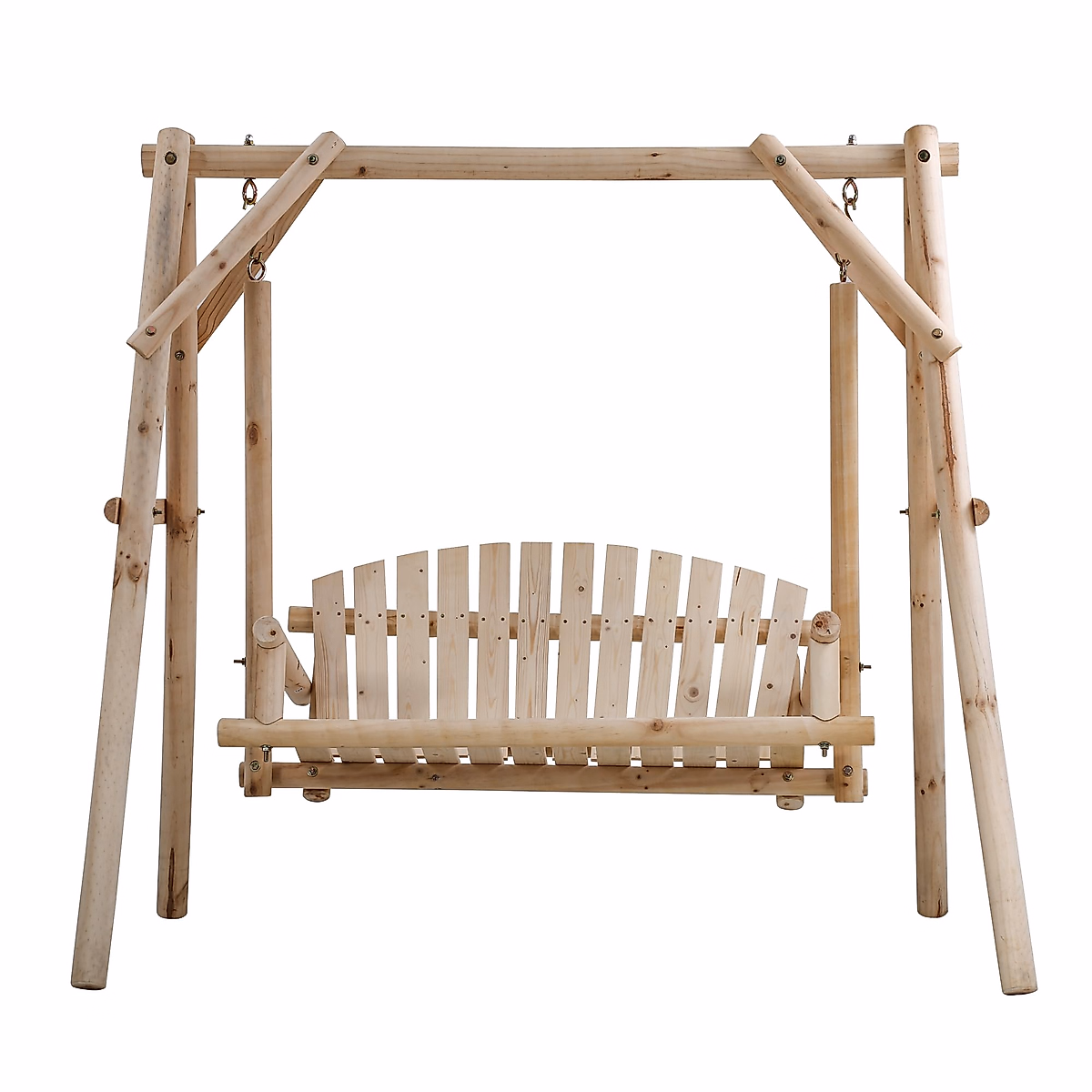 Swing and Swing Frame Combination Porch Swing with Stand Log Swing Stand 67 Inch Wooden Porch Swing A-Frame Backyard Swing Chair Outdoor Rustic Curved Garden Swing Bench, Nature