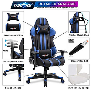 TIANSHU Gaming Chair High Back Computer Game Chair Office Chair PP Fabric & PU Leather Racing Chair PC Ergonomic Chair with Headrest and Lumbar Pillow Adjustable Swivel Chair E-Sports Chair, Blue