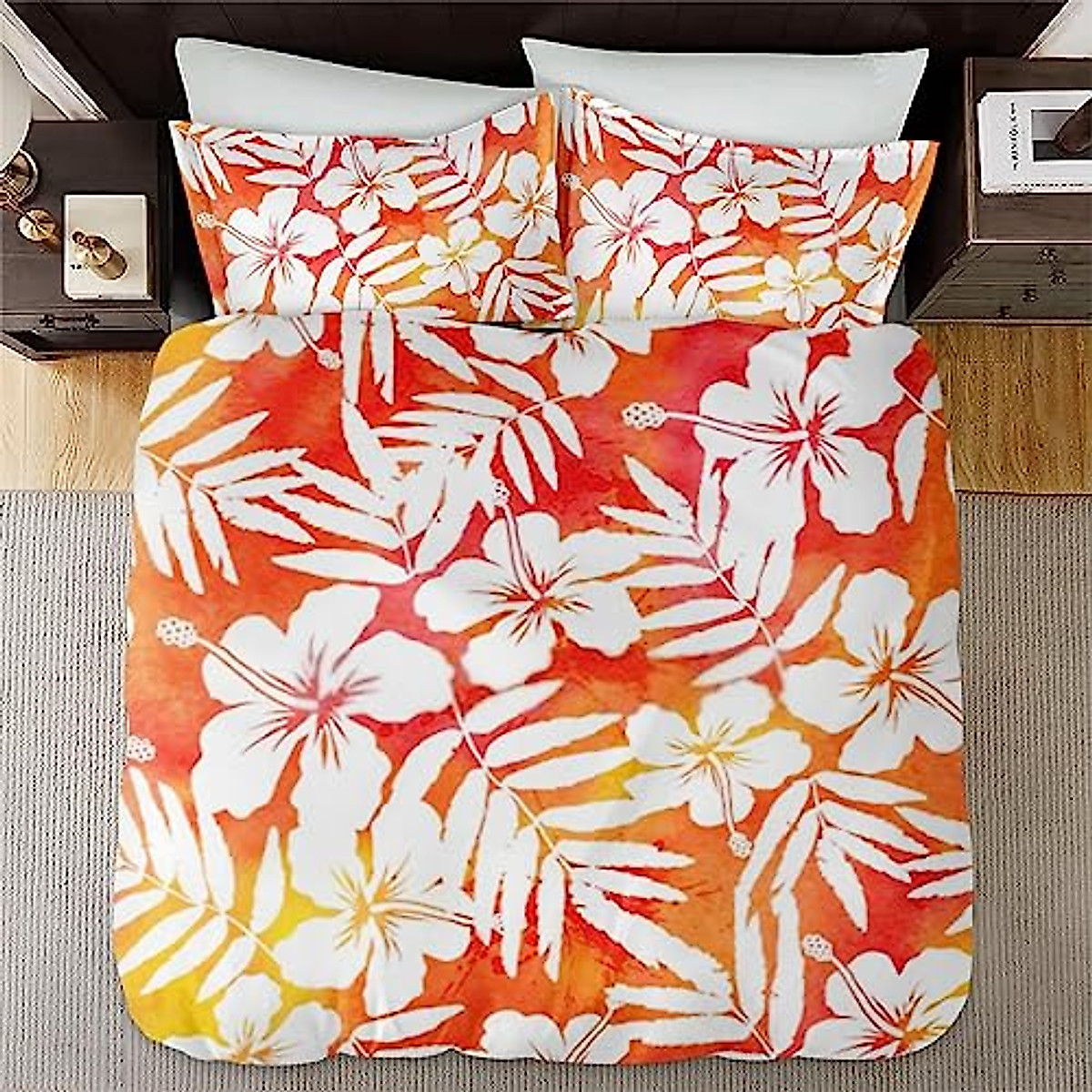 Duvet Cover Full Size, Red Hibiscus Hawaiian Flower Bedding Set with Zipper Closure for Kids and Adults, Surf Floral Tropical Comforter Cover with 2 Pillow Shams for Bedroom Bed Decor
