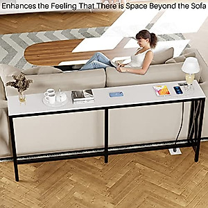 Aquzee Console Table with 2 Power Outlet and 2 USB Ports, 70.9" x 11.8" x 31.5" Steel Frame Narrow Behind Couch Sofa Table, Extra Long White Entryway Table