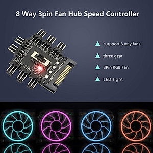 GELRHONR Chassis Fan Hub, SATA 1 to 8 Way12V 3 PIN Cooling Fan Splitter Controller Hub 3 Pin PWM for PC Desktop Computer Motherboard(12V 3-Pin)