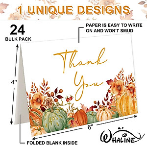 Whaline 24 Pack Fall Thank You Cards Bulk Watercolor Orange Green Pumpkin Greeting Cards with Envelopes Stickers Blank Note Cards for Autumn Party Supplies, 4 x 6 Inch