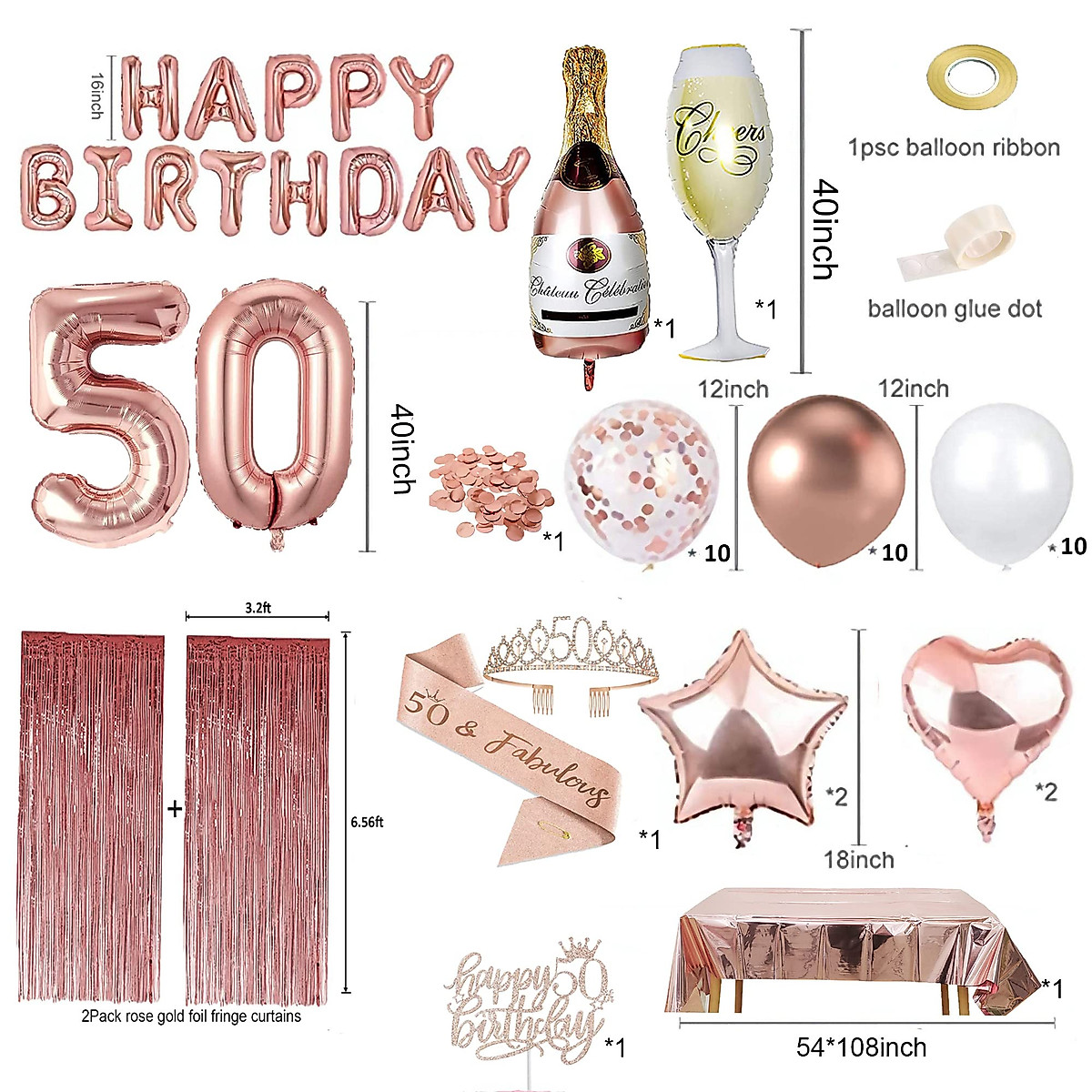 50th Birthday Decorations for Her, Rose Gold 50 and Fabulous Bday Decor for Woman, Happy Birthday Banner, Curtains, tablecloth, Cake Topper, Sash and Crown, Balloons Fifty Year Old Party