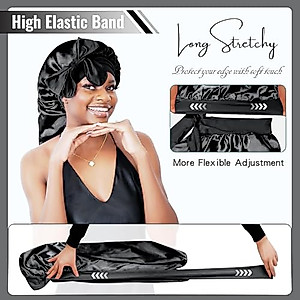 BONNET QUEEN Braid Bonnet Silk Bonnet Foldable Extra Long Bonnet for Braids Satin Bonnet for Sleeping Hair Bonnet with Tie Band Long Sleep Cap Black