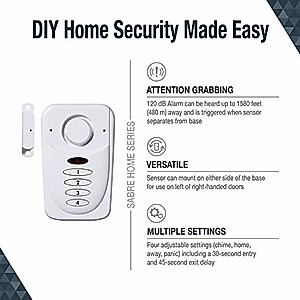 SABRE Door and Window Alarm Kit, 120 dB Alarm, Audible Up To 1,580-Feet (480-Meters), Chime, Away, Home And Panic Modes, Sensors Work On Left And Right Hinged Doors, Low Battery Indicator
