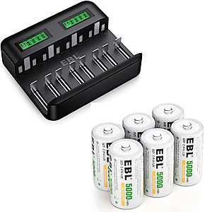 EBL LCD Universal Battery Charger - 8 Bay AA AAA C D Battery Charger for Rechargeable Batteries Ni-MH AA AAA C D Batteries with C Rechargeable Batteries 6 Pack