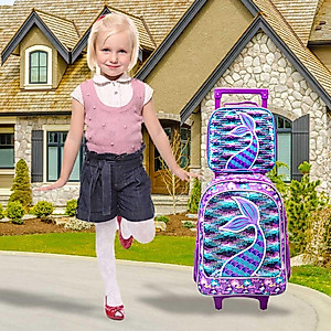gxtvo Rolling Backpack for Girls, Roller Wheels Kids Bookbag - Wheeled Suitcase Elementary Sequin School Bag - 3PCS Mermaid