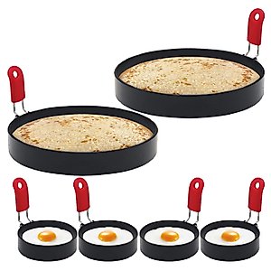 JANNO 6PCS Pancake Mold, Egg Ring, Nonstick Black Coated Metal Cooking Rings with Silicone Anti-scald Handle for Griddle, DIY Sandwich Eggs, English Muffin, Pancakes, Burger, Breakfast
