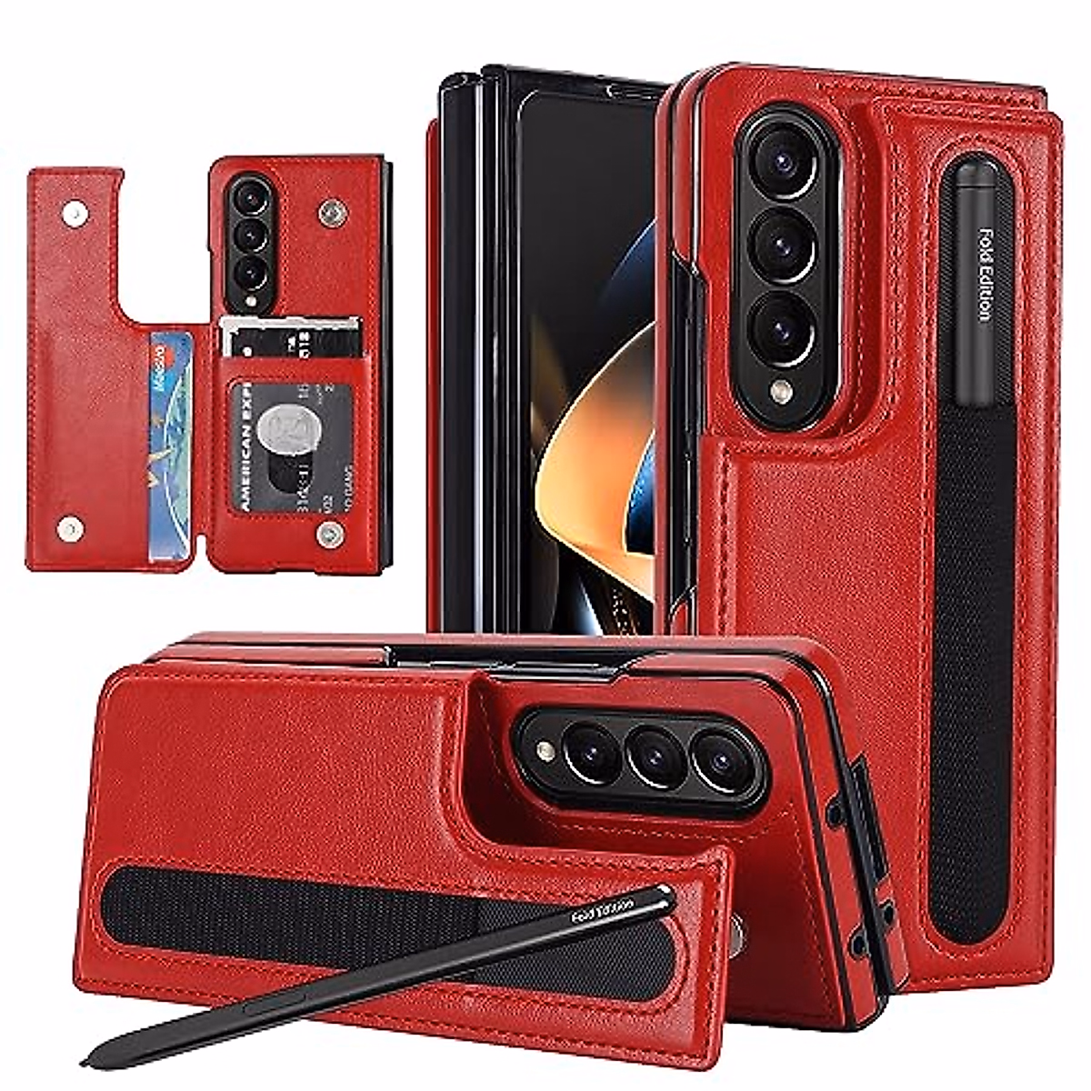 Case Compatible with Samsung Galaxy Z Fold 3 5G Wallet Case with S Pen Holder&Card Holder Kickstand, Women Men Leather Wallet Phone Case for Z Fold 3 Red