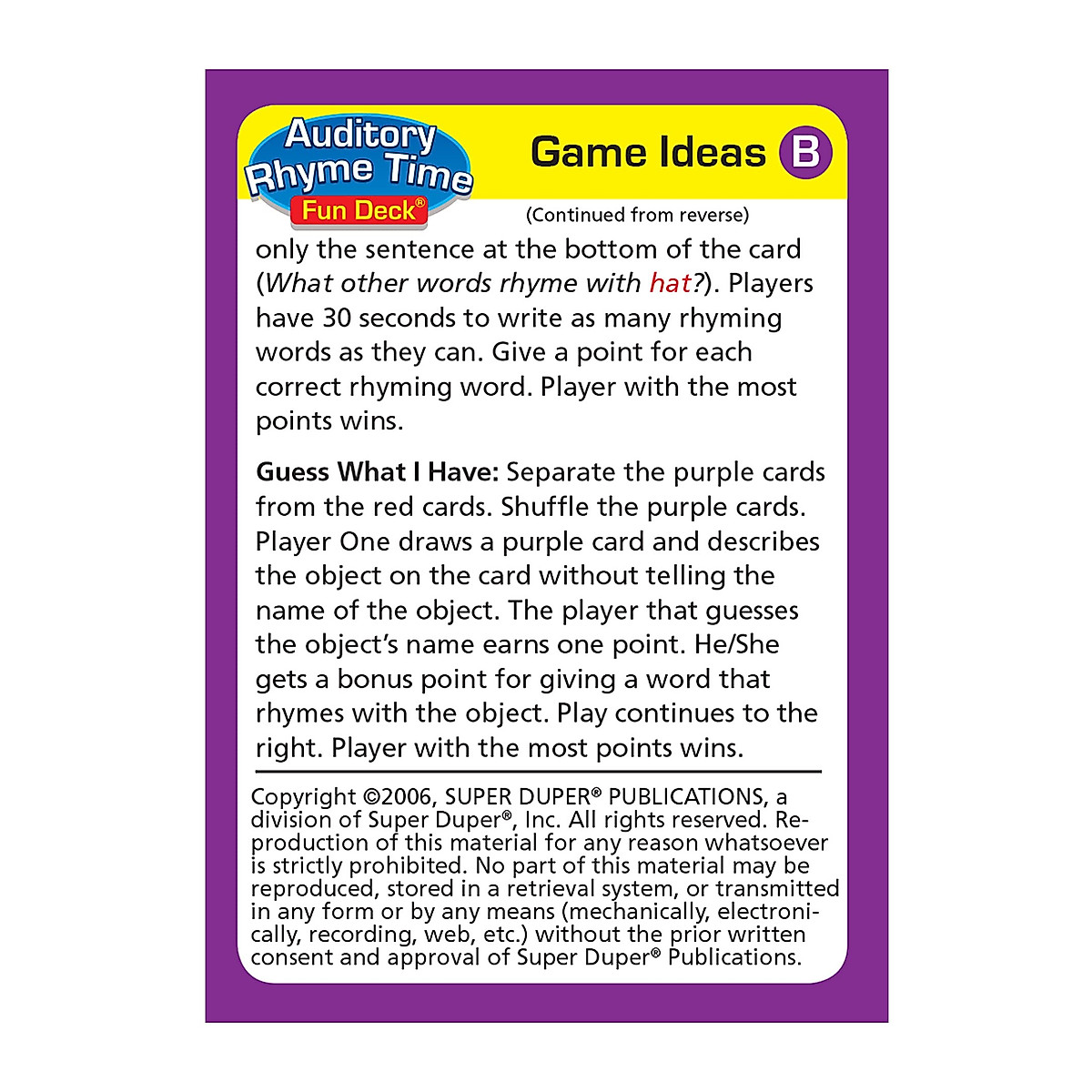 Super Duper Publications | Auditory Rhyme Time Fun Deck Flash Cards | Educational Learning Resource for Children