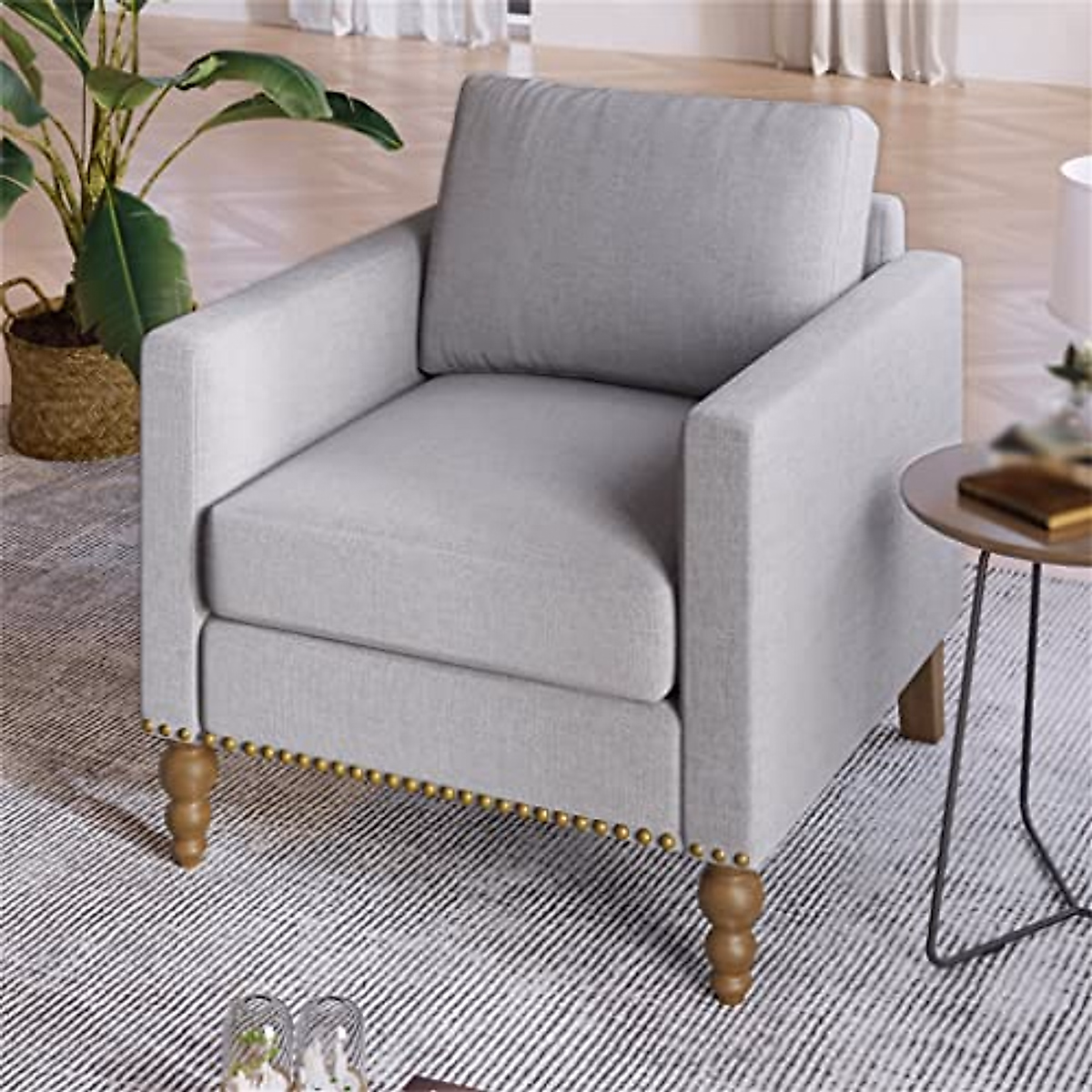 YTYZC Linen Armchair Accent Chair with Nailhead Trim Wooden Legs Single Sofa Couch for Living Room, Bedroom, Balcony,