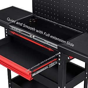 Rophefx 3-Tier Rolling Tool Cart with Sliding Top Mobile Toolbox on Wheels with Backplane Steel Tool Cart with Storage Drawer Utility Cart for Mechanic Warehouse Garage Workshop, Black & Red