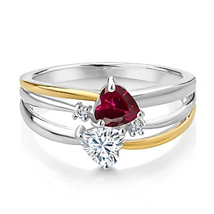 925 Silver and 10K Yellow Gold Created Ruby Moissanite from Charles & Colvard and Lab Grown Diamond Ring For Women (1.12 Cttw, Heart Shape 5MM, Gemstone Birthstone, Available In Size 5, 6, 7, 8, 9)