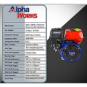 AlphaWorks Gas Engine 7HP Motor Horizontal 4 Stroke OHV Recoil Start 3600RPM 8.85Ft-Lbs/12Nm Torque 3/4"x2.43” Shaft 3/16" Keyway 5/16”-24 UNF End Tapped Go Kart Log Splitter EPA/CARB Certified