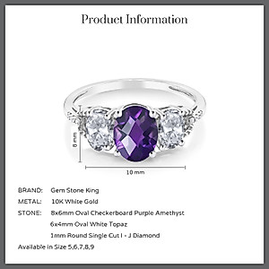 Gem Stone King 10K White Gold Amethyst and White Topaz and Diamond Accent 3 Stone Engagement Ring For Women (2.05 Cttw, Gemstone Birthstone) (Size 6)