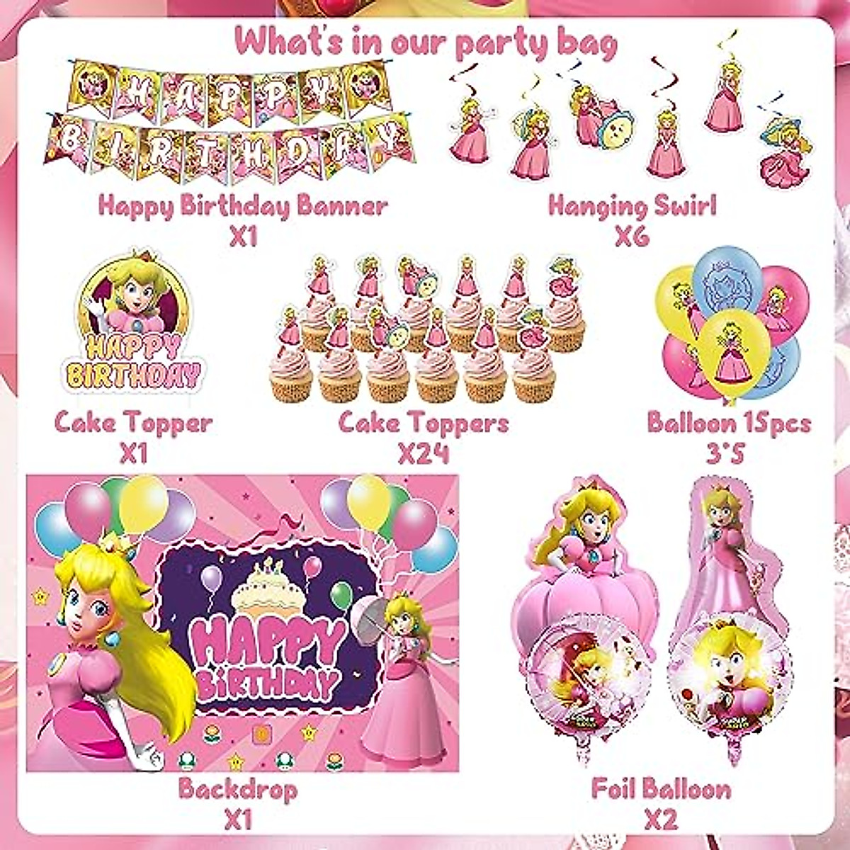 Mario Princess Peach Birthday Party Supplies for Girls, Princess Peach Party Decorations Include Banner, Princess Peach Balloon, Backdrop, Cupcake Toppers for Princess Peach Birthday Decorations
