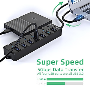 VEMONT USB hub,Computer Peripheral Equipment 7-Port USB 3.0 hub with 5V2A Power Adapter and Individual On/Off Switches,USB Charging hub 4ft/1.2m Long Cable
