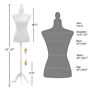 Bonnlo Female Dress Form Pinnable Mannequin Body Torso with Wooden Tripod Base Stand (White, 6)