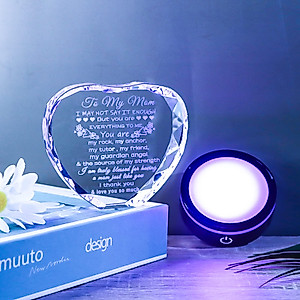 YWHL Gifts for Mom from Daughter Son Moms Birthday Gifts Unique Heart Crystal Gift for Mom with LED Base on Mother's Day Christmas Valentine's Day