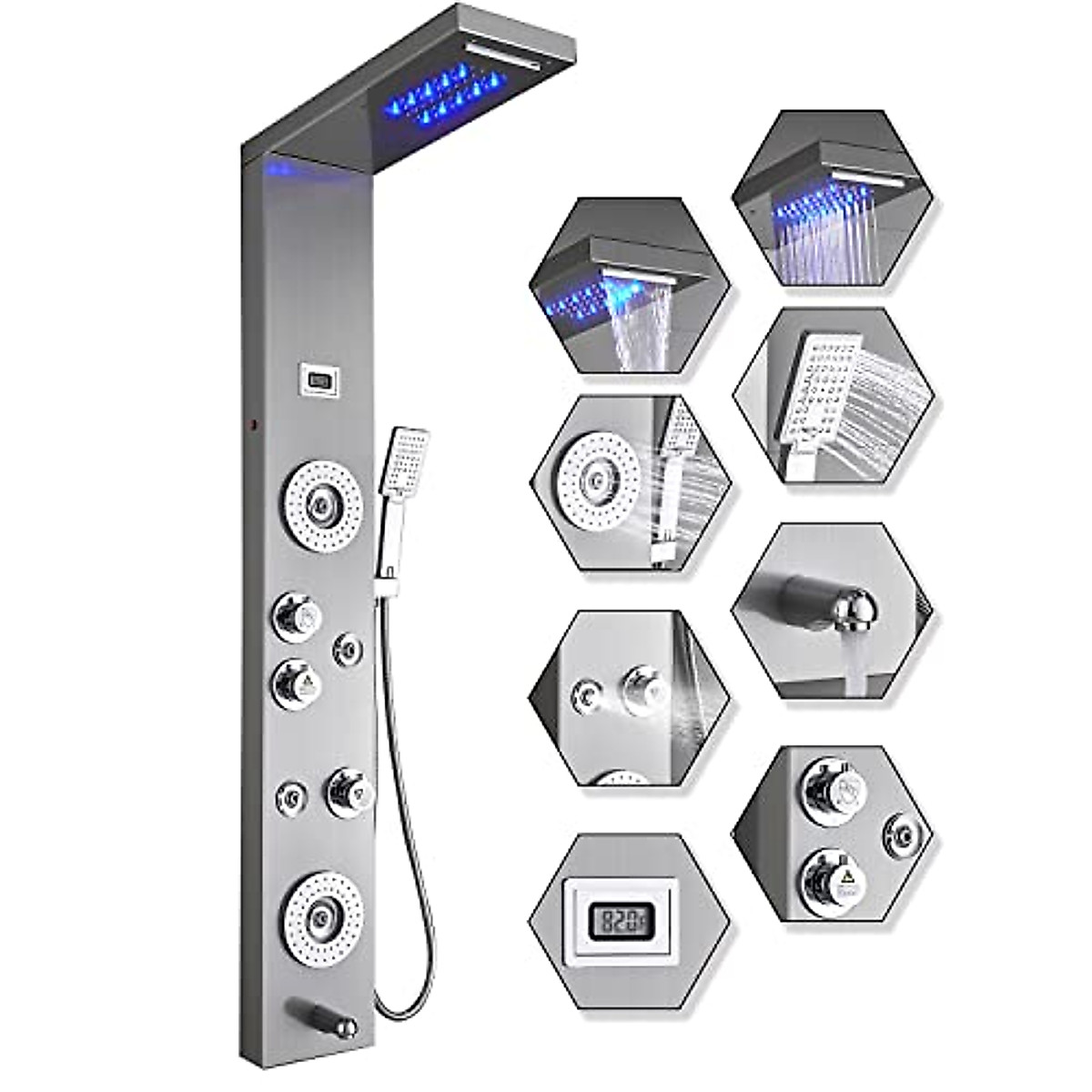 ELLO&ALLO Stainless Steel Shower Panel Tower System,LED Rainfall Waterfall Shower Head 6-Function Faucet Rain Massage System with Body Jets, Brushed Nickel