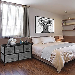 IVIAMK 2-Tier Wide Closet Dresser, Nursery Dresser Tower with 5 Easy Pull Fabric Drawers and Metal Frame, Multi-Purpose Organizer Unit for Closets, Dorm Room, Living Room, Hallway, Grey