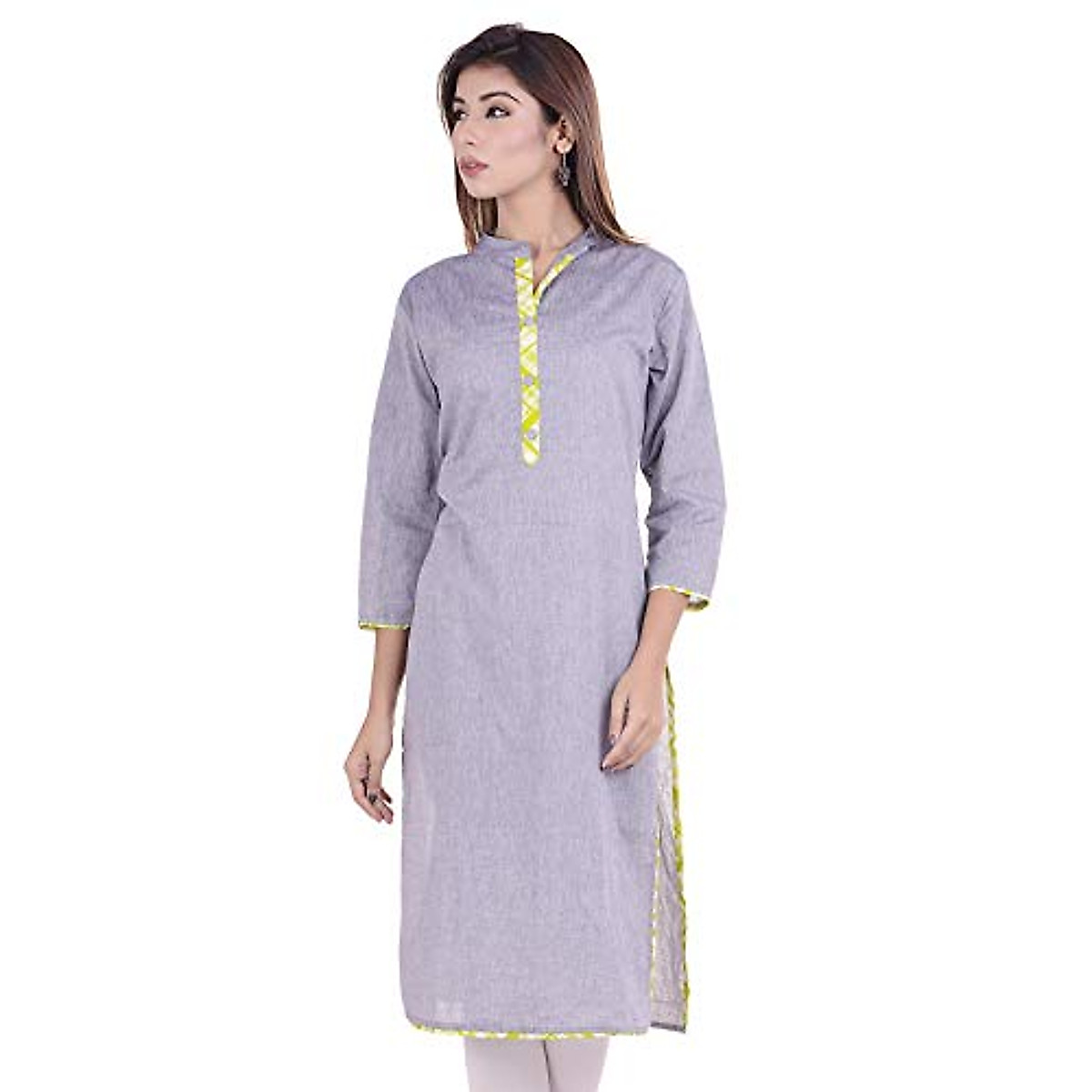 Indian Women's Plain Cotton Kurti Grey Top By Chichi, Medium