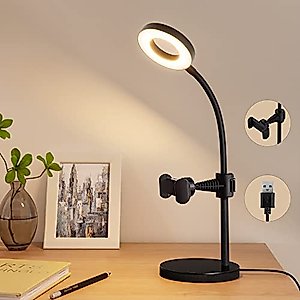 KAWOTI LED Desk Lamp USB Desk Light with 3 Lighting Modes Dimmable 10 Brightness Levels and Rotatable Phone Holder 360 ° Flexible Gooseneck for Bed Reading Work Study