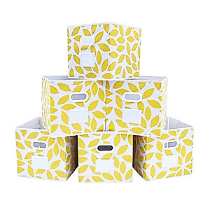 MAX Houser Fabric Storage Bins Cubes Baskets Containers with Dual Plastic Handles for Home Closet Bedroom Drawers Organizers, Flodable, Set of 6 (Yellow)