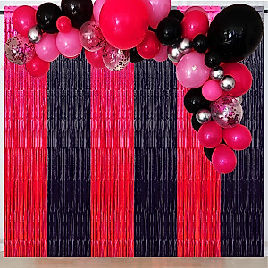 Hot Pink Backdrop Curtain, Black and Hot Pink Birthday Decorations Hot Pink Black Backdrop Wall Streamers for Graduation Girls Women Wedding Bridal Baby Shower Bachelorette Party Decorations (3 Pack)