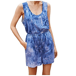 Bravetoshop Women's Loose Tie Dye Sleeveless Romper Summer Elastic Waist Shorts Jumpsuit with Pockets Fashion Streewear (Blue,L)