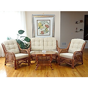 Malibu Lounge Loveseat Sofa Natural Rattan Wicker Handmade Design with Cream Cushions, Colonial
