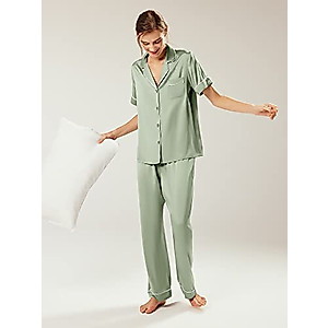 AW BRIDAL Silk Pajamas for Women Satin Pajama Set Button Up Bride Bridesmaid Pajamas Sleepwear Loungewear, Sage Green M