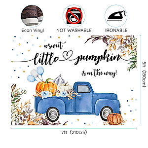 Little Pumpkin Baby Shower Decorations for Boy Fall Backdrop A Sweet Little Pumpkin is On The Way Its a Boy Blue Truck Leaves Autumn Thanksgiving Day Background Photography Party Banner Supplies 7x5ft