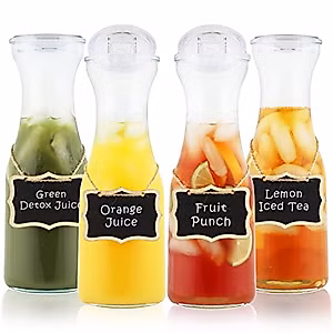 AYL Set of 4 Glass Carafe with Lids, 1 Liter Water Pitcher Beverage Serveware Carafe, Clear Glass Pitcher for Mimosa Bar, Cold Water, Brunch, Wine, Juice, Milk, Iced Tea, Lemonade,1 Hand Pour Lid