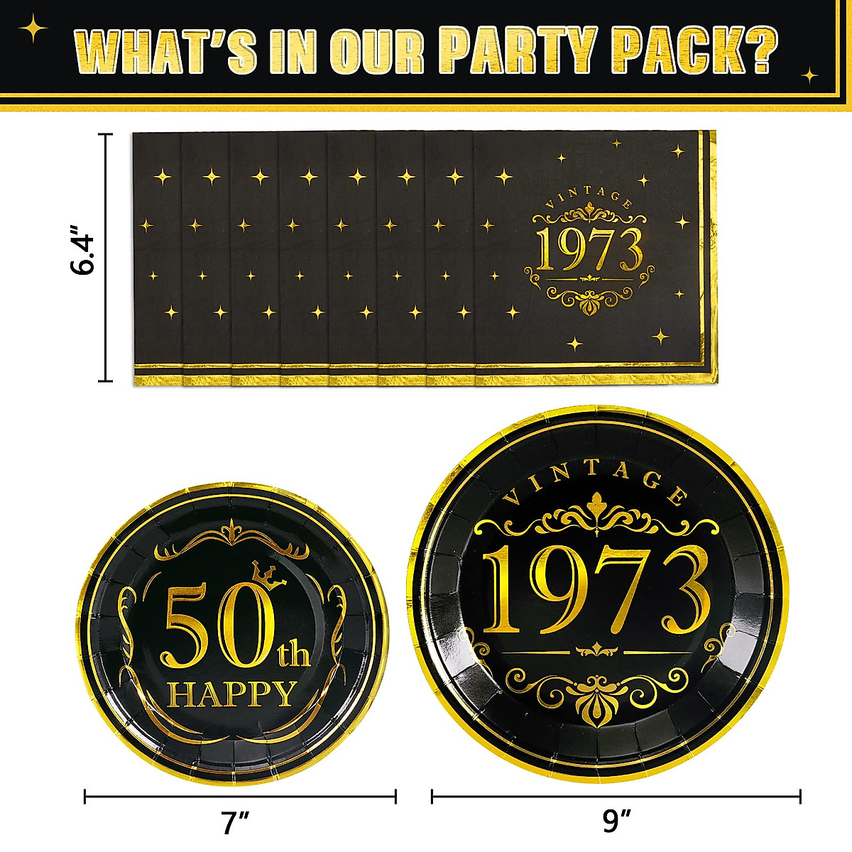 50th Paper Plates and Napkins - Gold Foil Stamp 72PCS Disposable Plates Paper Napkins, Vintage 1973 Retirement Wedding Anniversary Birthday Party Balck Gold Tableware Serves 24 Guest, 9” & 7” Plates
