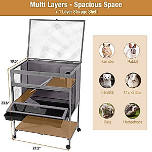 Large Hamster Cage Wooden Guinea Pig Cage, Animal Cage for Rat, Chinchilla, Squirrel, Gerbil, Rabbit, 2-Level Indoor Small Animal Pet Cage with Storage Shelf