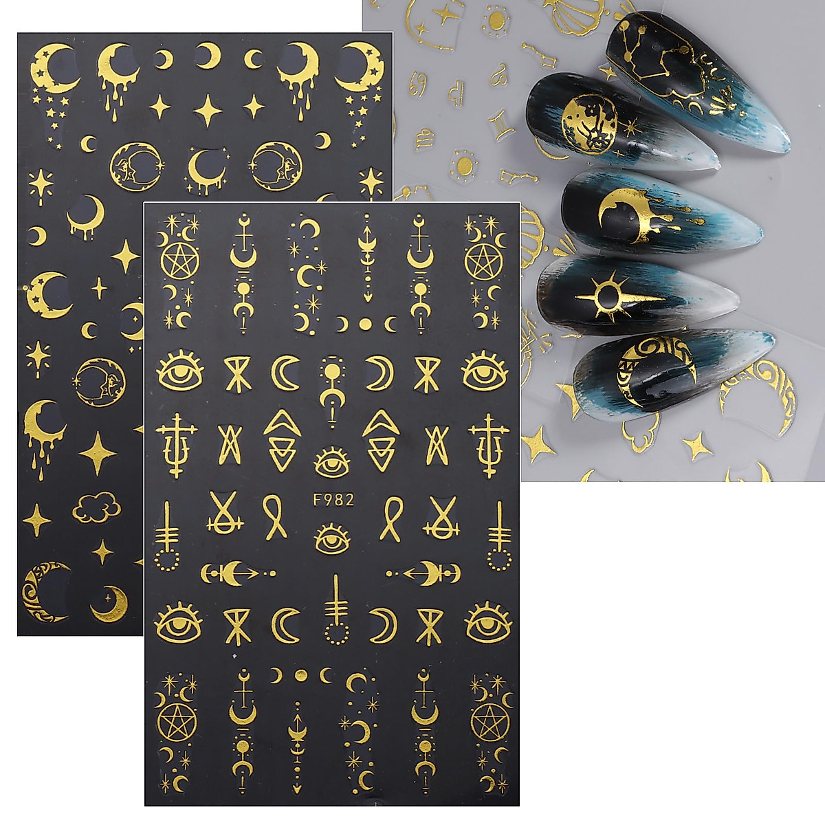 JMEOWIO 8 Sheets Moon Star Sun Nail Art Stickers Decals Self-Adhesive Pegatinas Uñas Gold Nail Supplies Nail Art Design Decoration Accessories