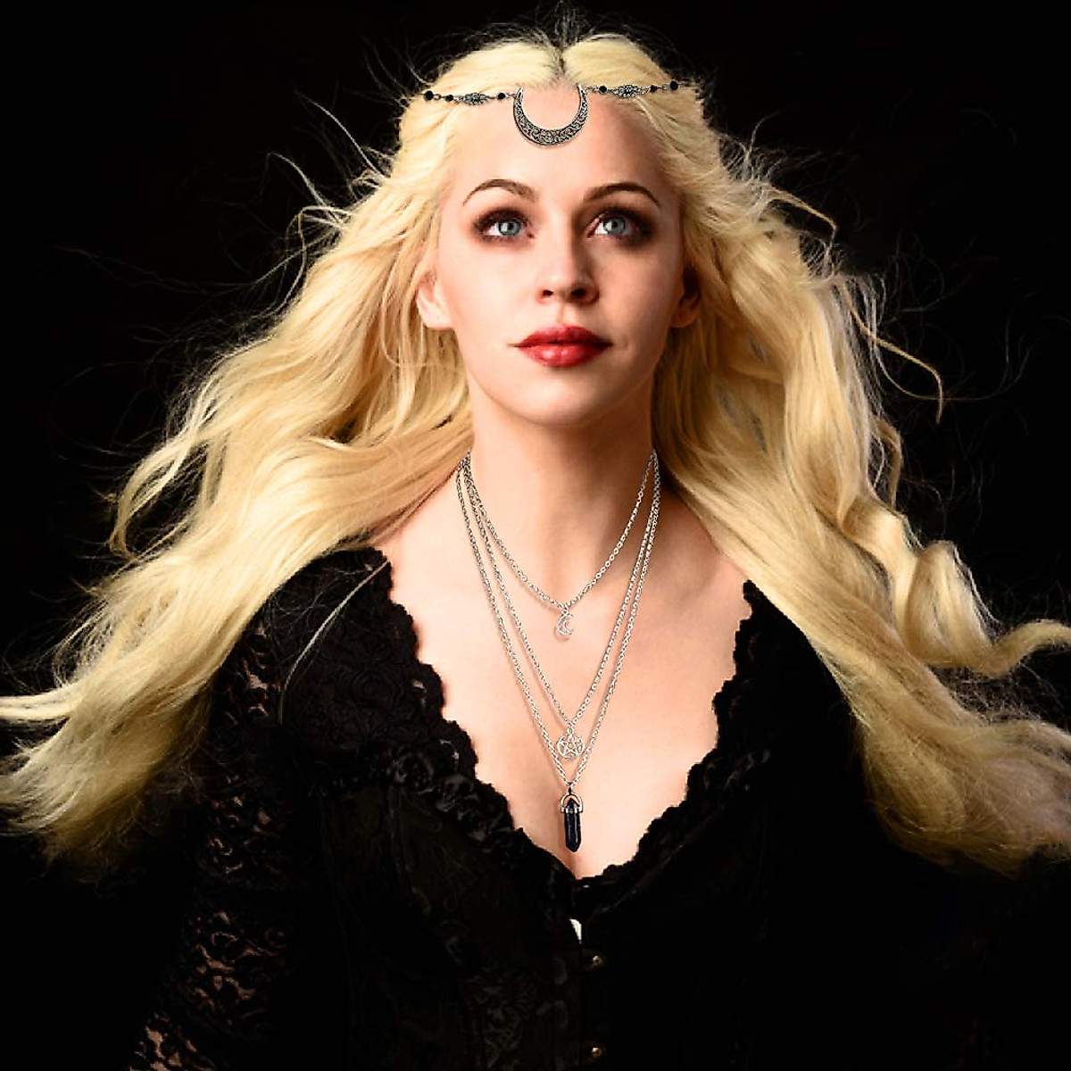 MJartoria Moon Pentagram Necklace with Headwear Pentacle Crystal Chakra Pendant Layered Necklaces for Women Choker Necklace Gothic Jewelry Goth Accessories (Dark Blue, Moon Pentagram)