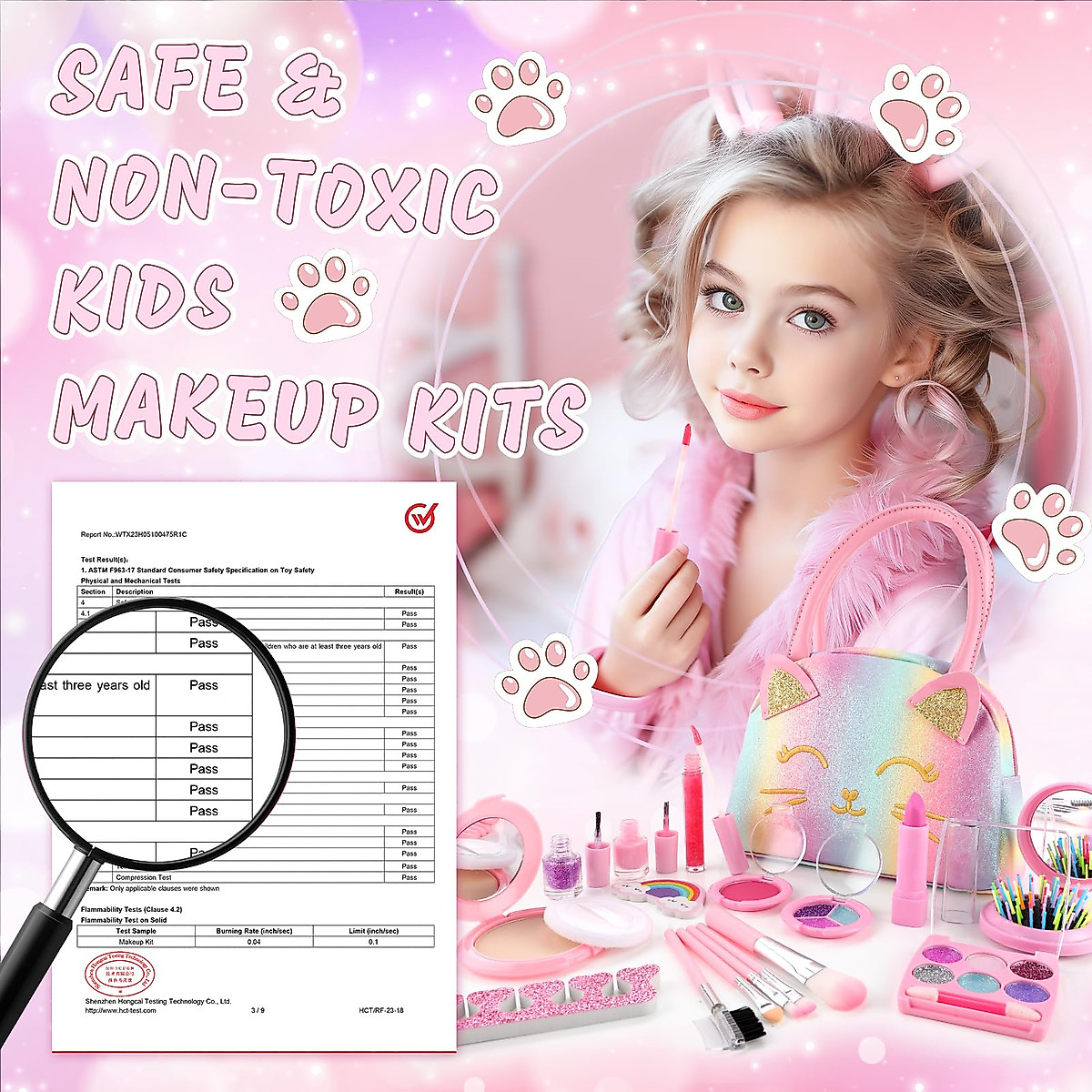 Kids Makeup Kit for Girl, Kids Washable Makeup Girls Toys, Girls Makeup Kit for Kids with Cute Cat Bag, Real Make up Set for Kid Little Girls Toddlers Princess Christmas Birthday Gifts Age 3-6-8-10-12