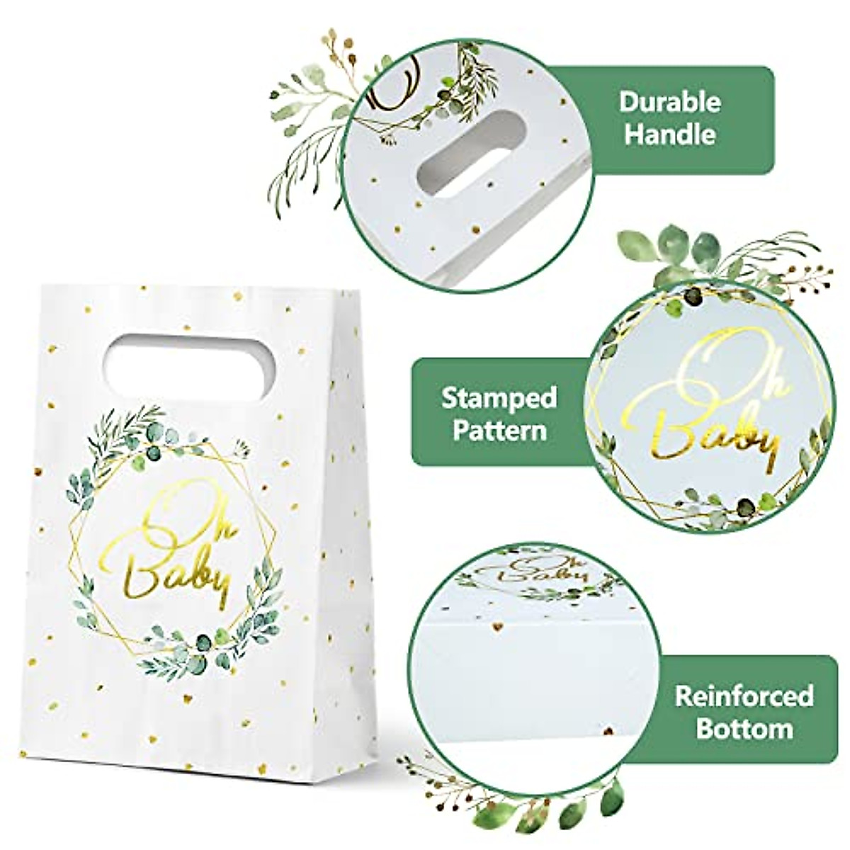 WEEPA 24 Pcs Greenery Eucalyptus Oh Baby Paper Gift Bags Neutral Baby Shower Treat Sack White Kraft Paper Bags, 5.5 * 2.5 * 8.5 inch